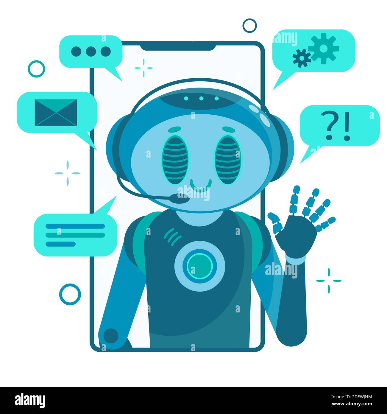 Smiling chat bot character robot helping solve a problems. For website ...