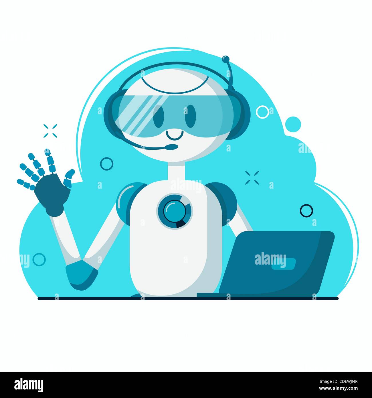 Smiling chat bot character robot helping solve a problems. For website or mobile application ...