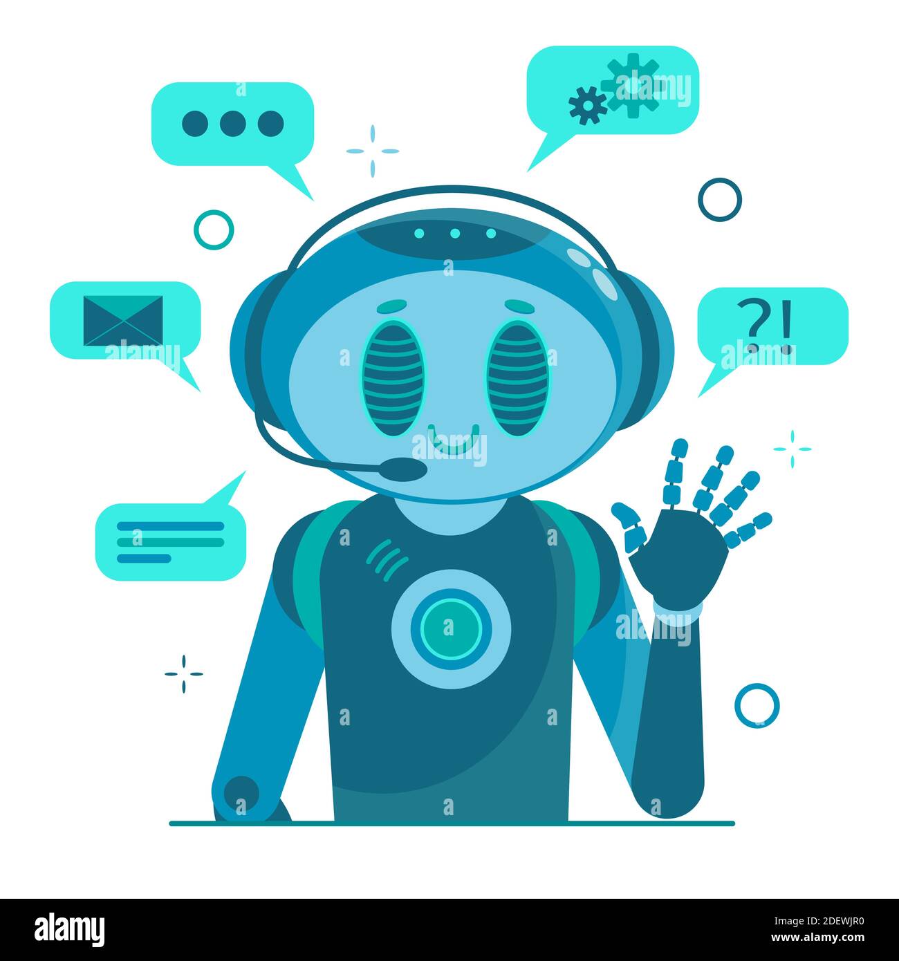 Smiling chat bot character robot helping solve a problems. For website or mobile application ...