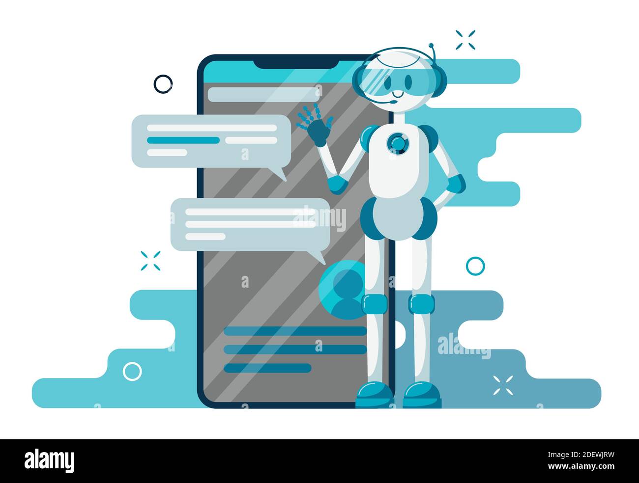 Smiling chat bot character robot helping solve a problems. For website or mobile application ...