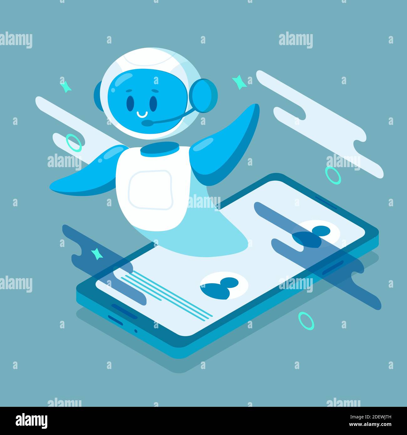 Smiling chat bot character robot helping solve a problems. For website or mobile application ...