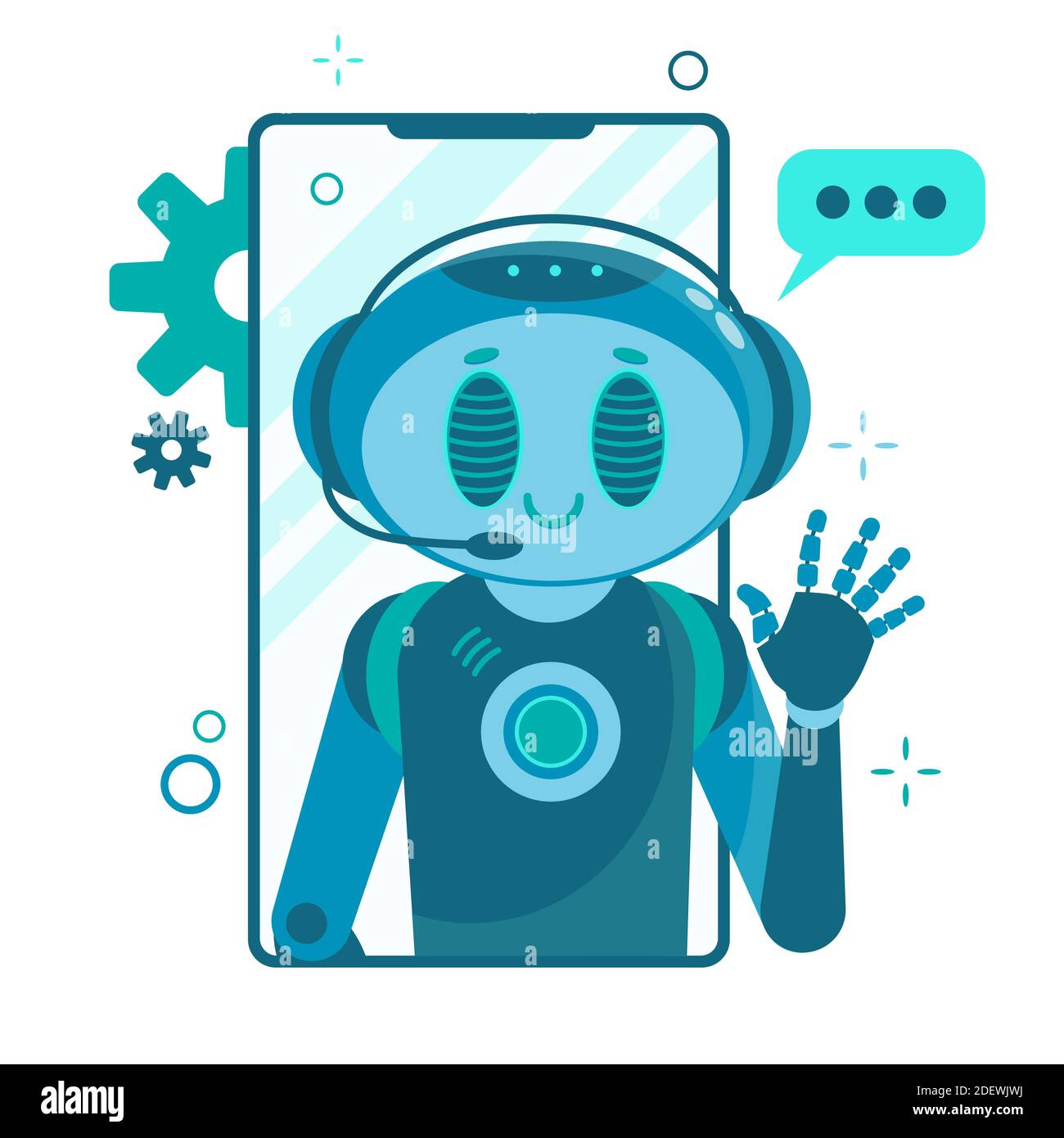 Smiling chat bot character robot helping solve a problems. For website ...