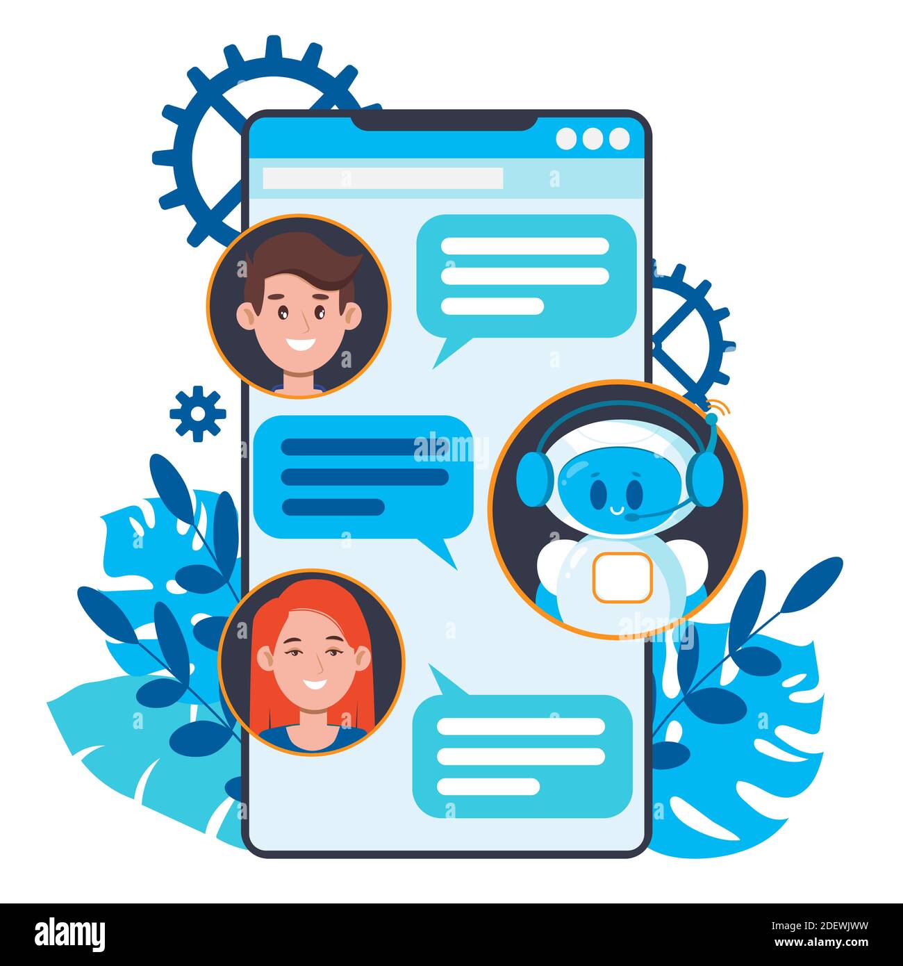 Chatbot concept. Users chatting with cute robot chat bot on smartphone. Flat cartoon vector ...