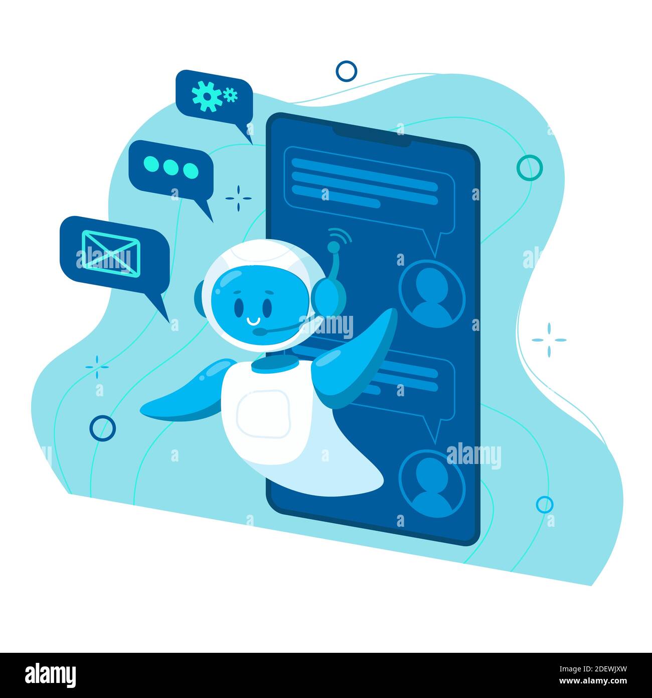 Smiling chat bot character robot helping solve a problems. For website or mobile application ...