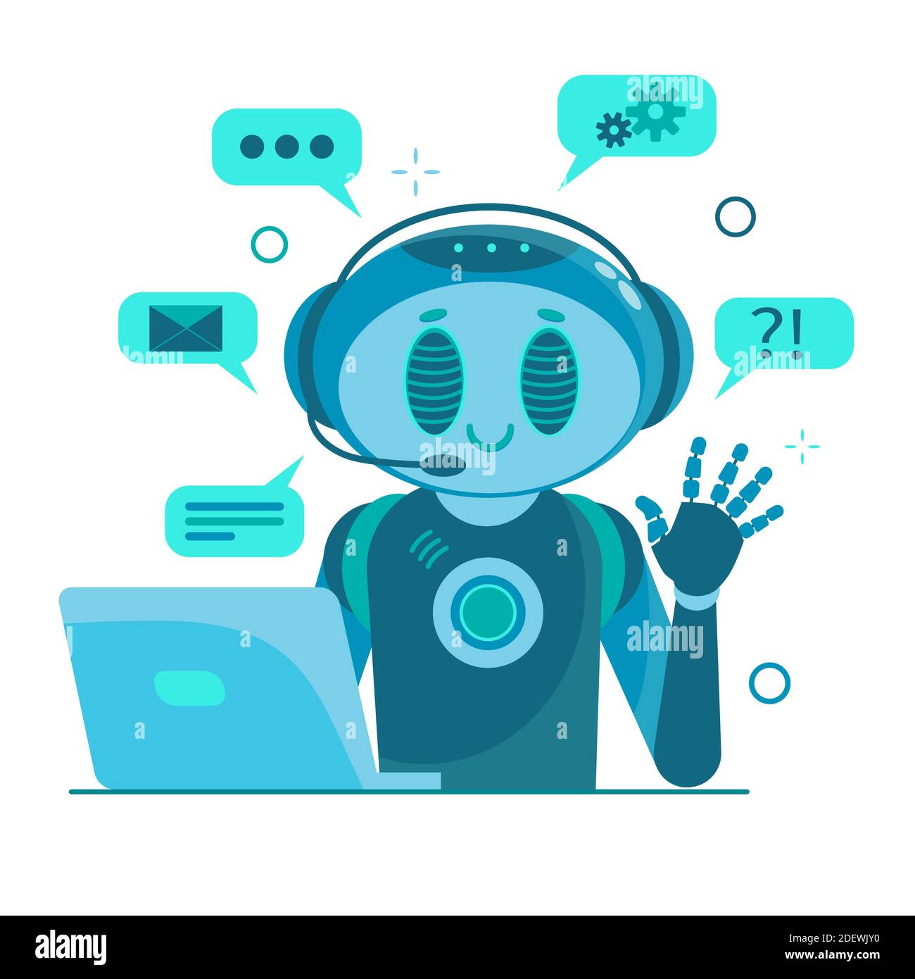 Smiling chat bot character robot helping solve a problems. For website or mobile application ...