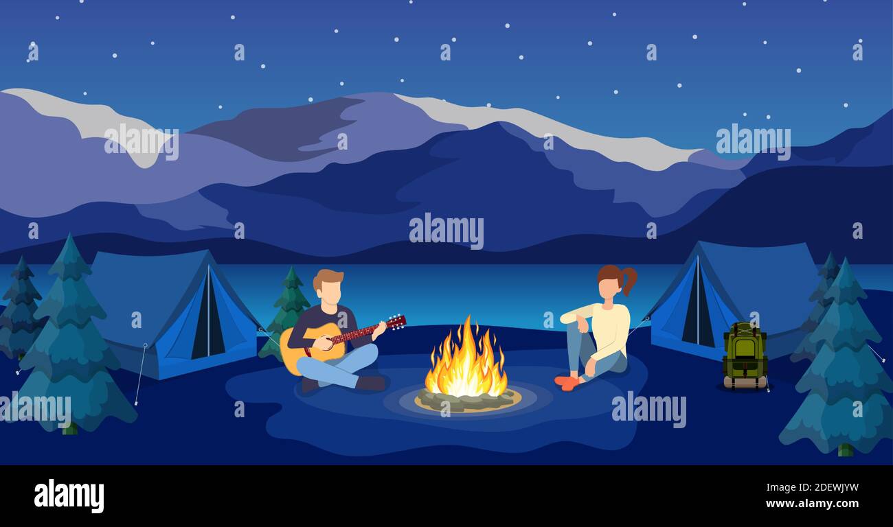 Group of young people are sitting around campfire Stock Vector Image ...