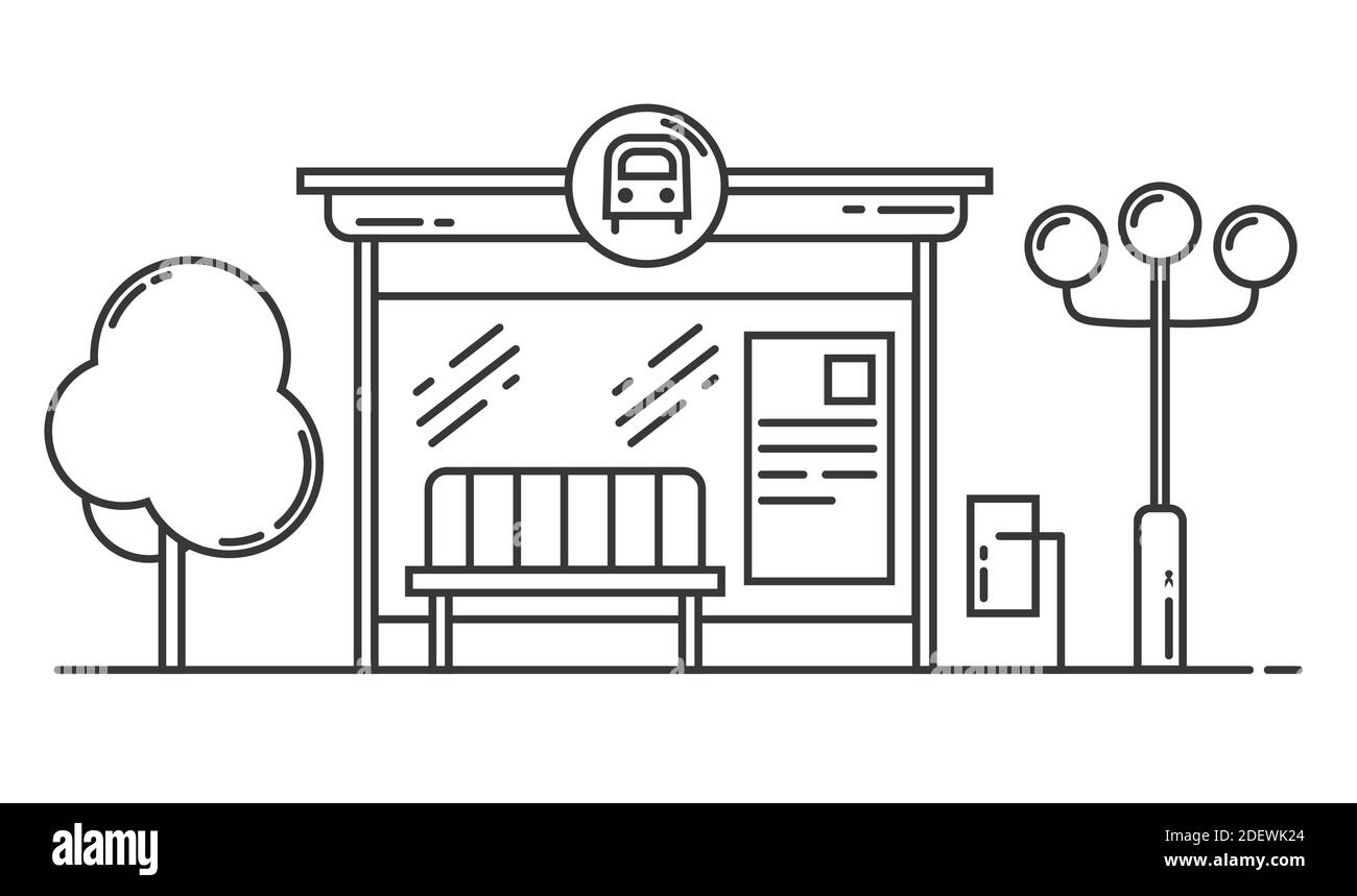 Bus stop vector line art illustration. Public transport station, bus ...