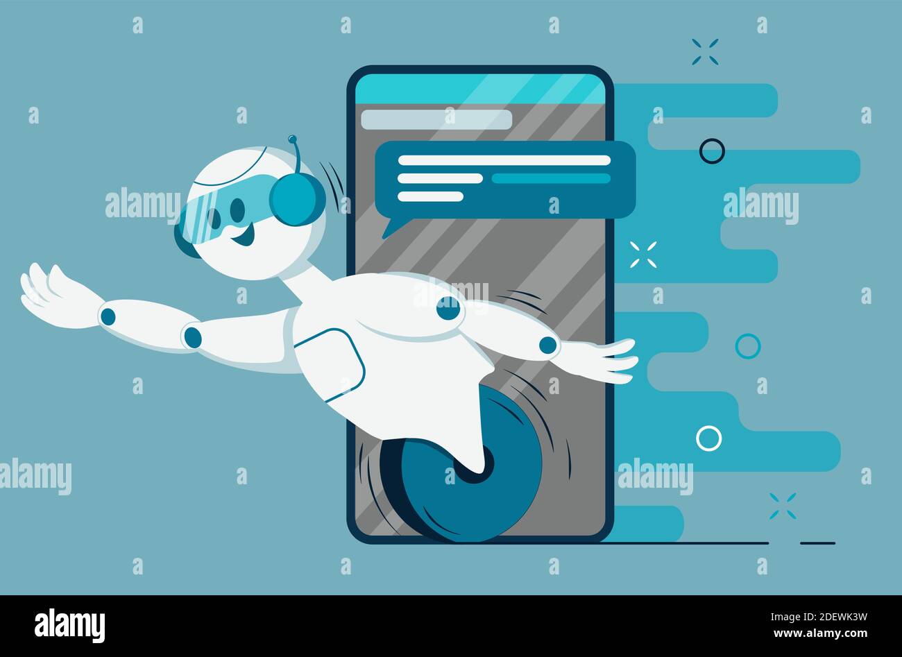 Smiling chat bot character robot helping solve a problems. For website or mobile application ...