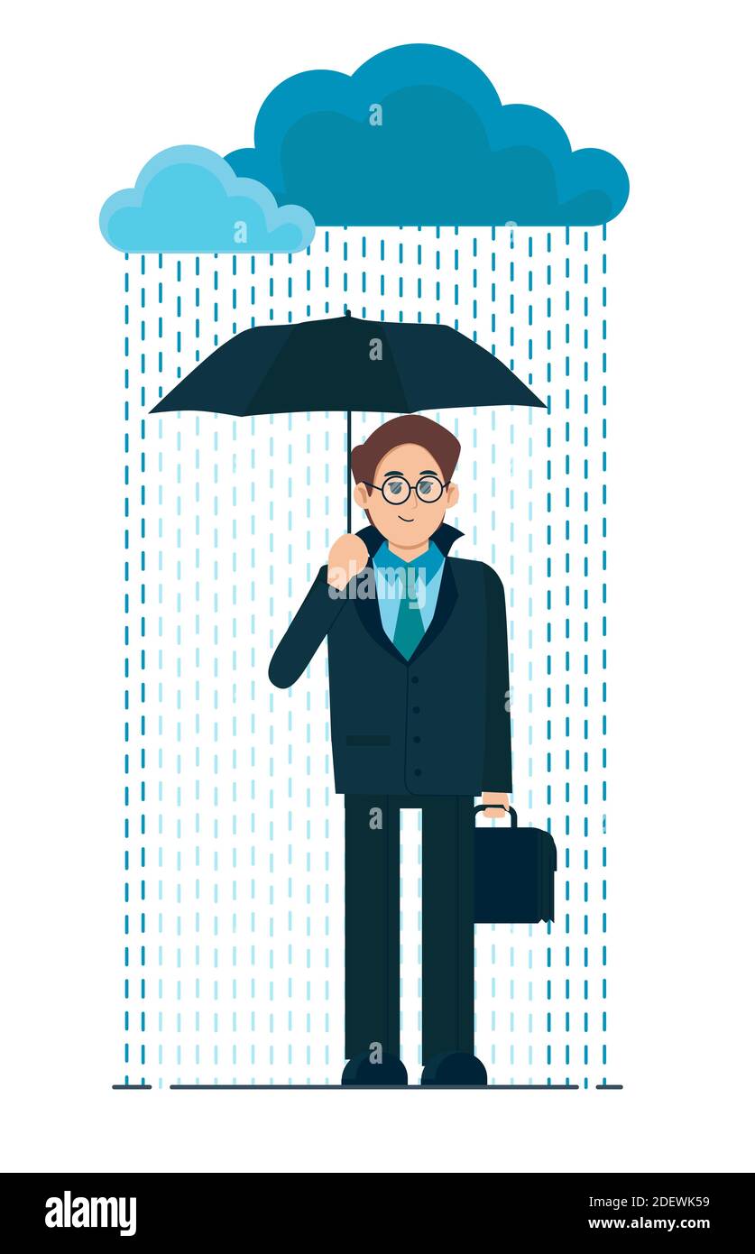 Young man with an umbrella in the rain. Bad rainy weather. Flat cartoon ... Young man with an umbrella in the rain. Bad rainy weather. Flat cartoon ...