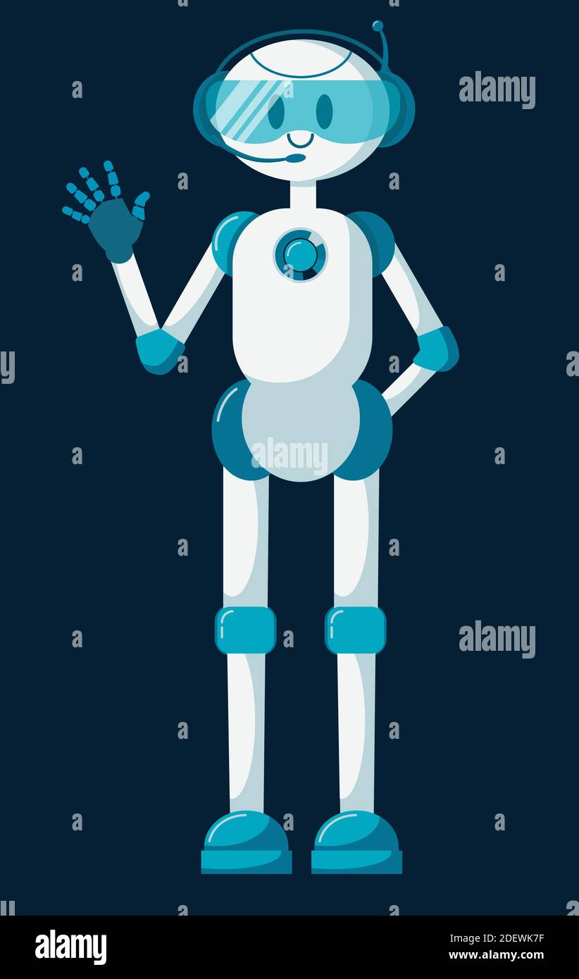 Smiling chat bot character robot helping solve a problems. For website or mobile application ...