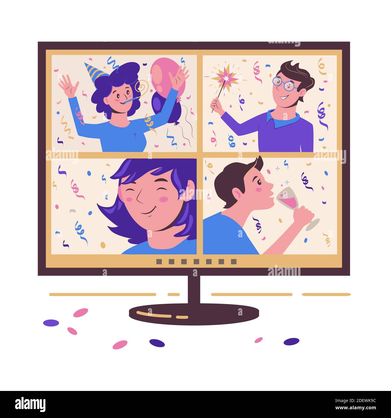 Online party with friends. Celebrating birthday, Christmas and new year ...