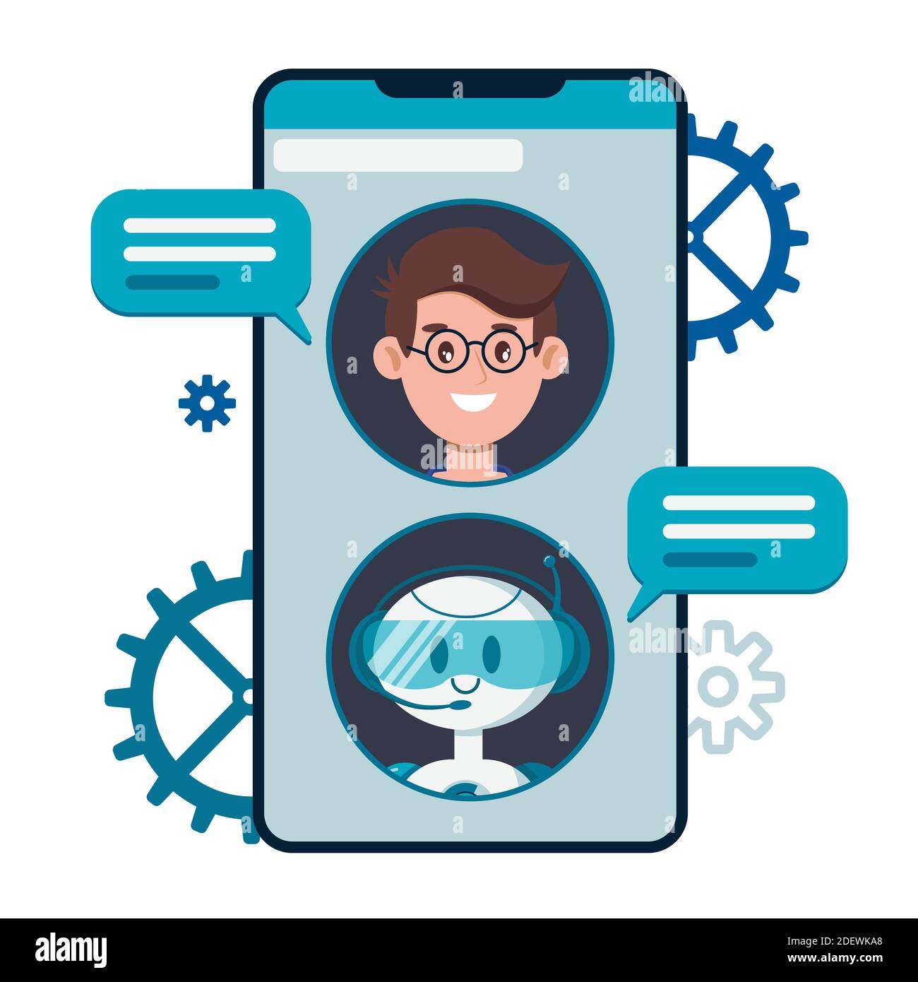Chatbot concept. Users chatting with cute robot chat bot on smartphone ...