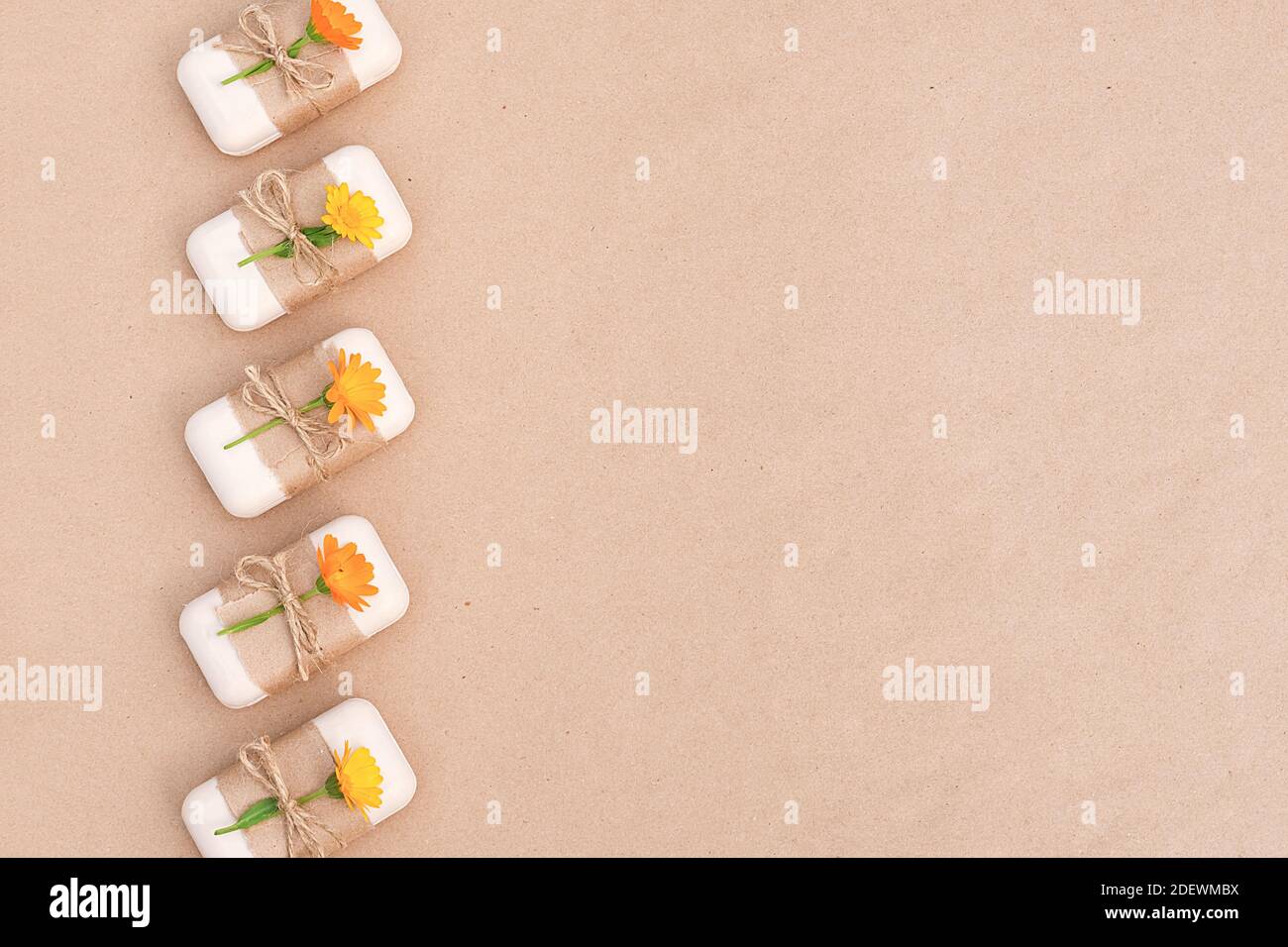 Handmade natural soap set border decorated with craft paper, scourge ...