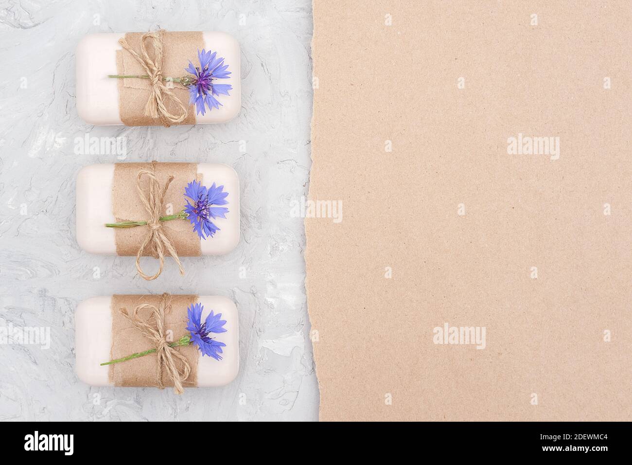 Handmade natural soap set border decorated with craft paper, scourge ...