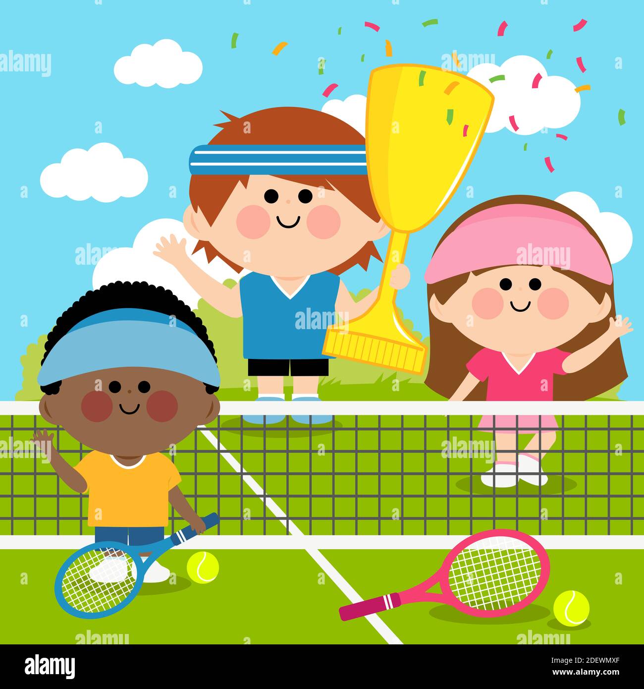 Children tennis players winners at the tennis court holding the ...