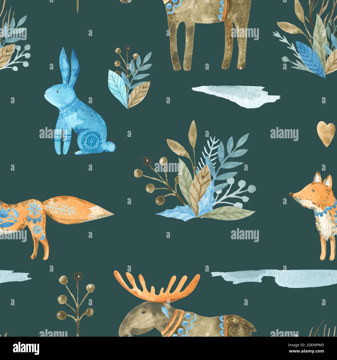 Seamless pattern of folk forest animals Fox elk rabbit. Watercolor ...