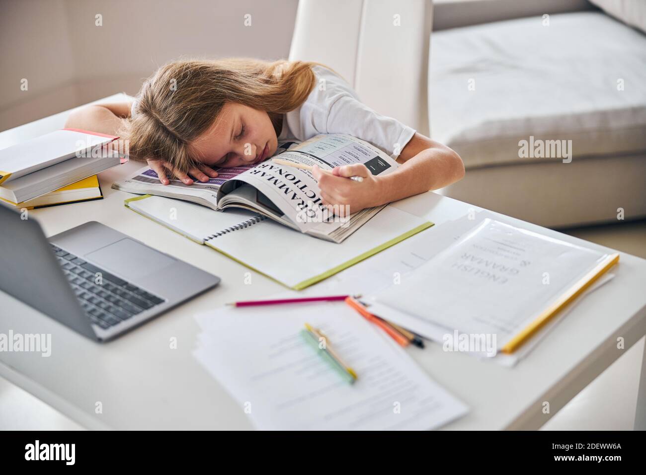 Student sleeping on a grammar dictionary while doing homework Stock ...
