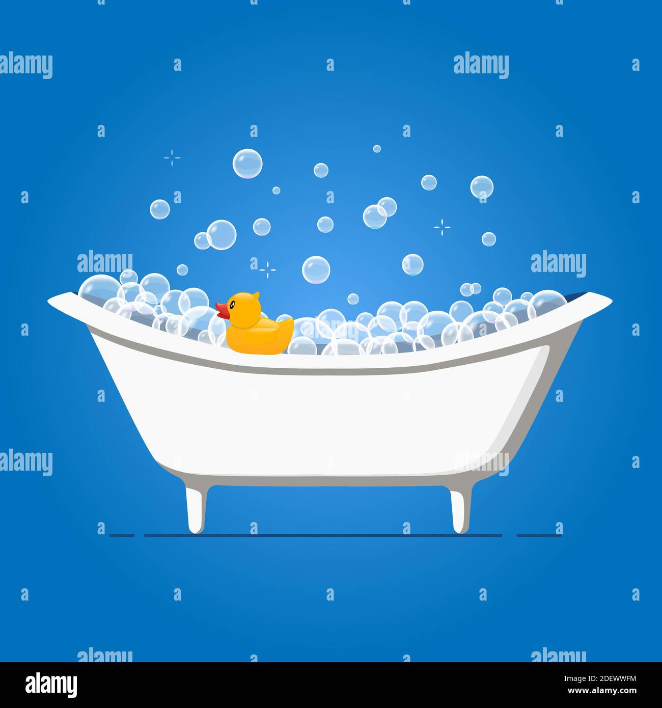 Bathtime Vector Illustration With Bathtub And Yellow Rubber Duck Bubble Water Foam In Bath And