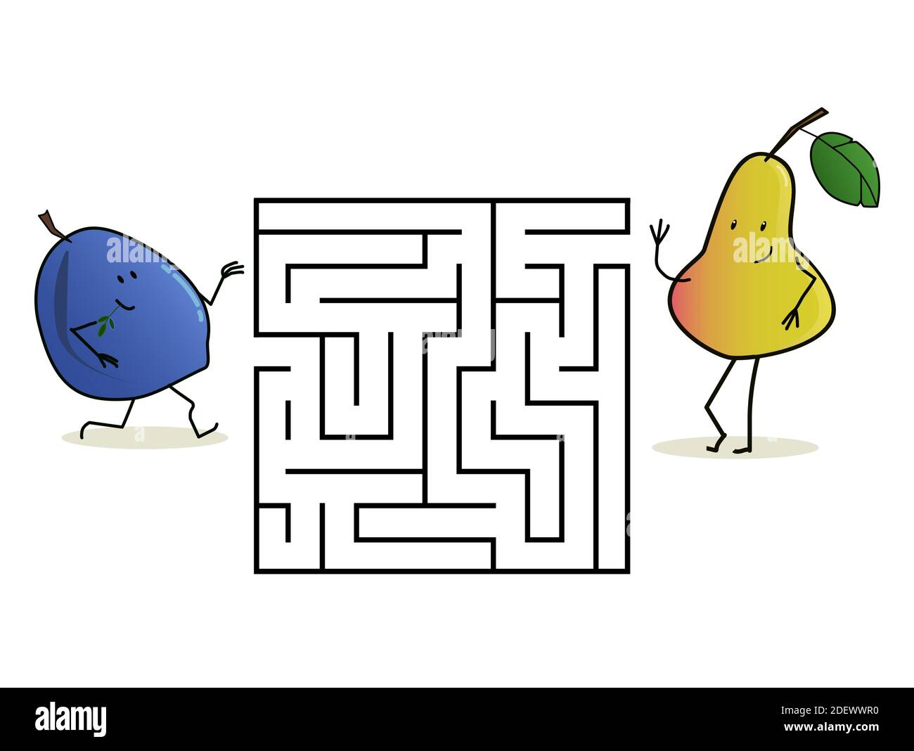 Square maze labyrinth with cartoon characters. Cute fruits plum and ...