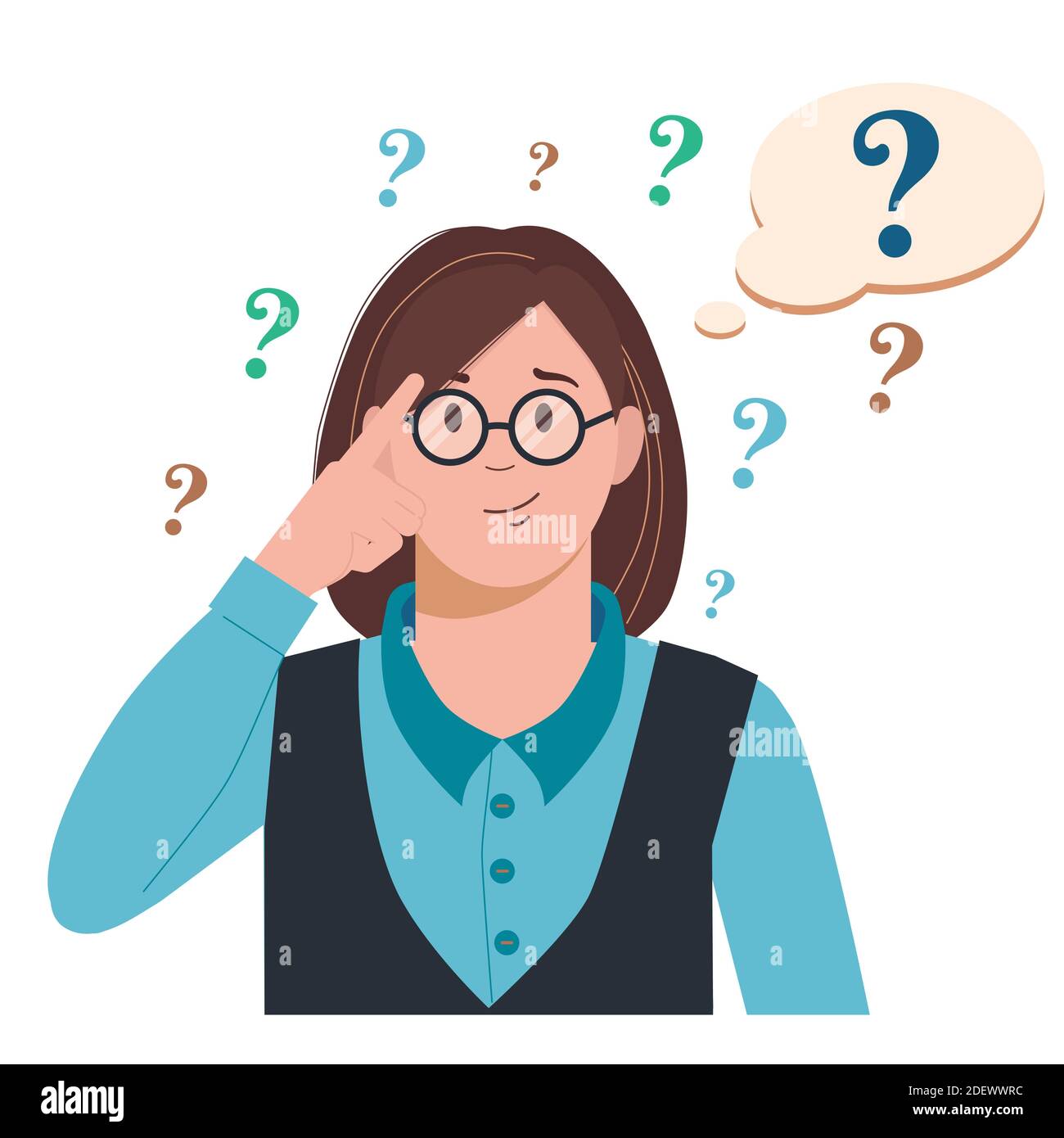 Portrait of young troubled woman. Girl with question mark in think ...