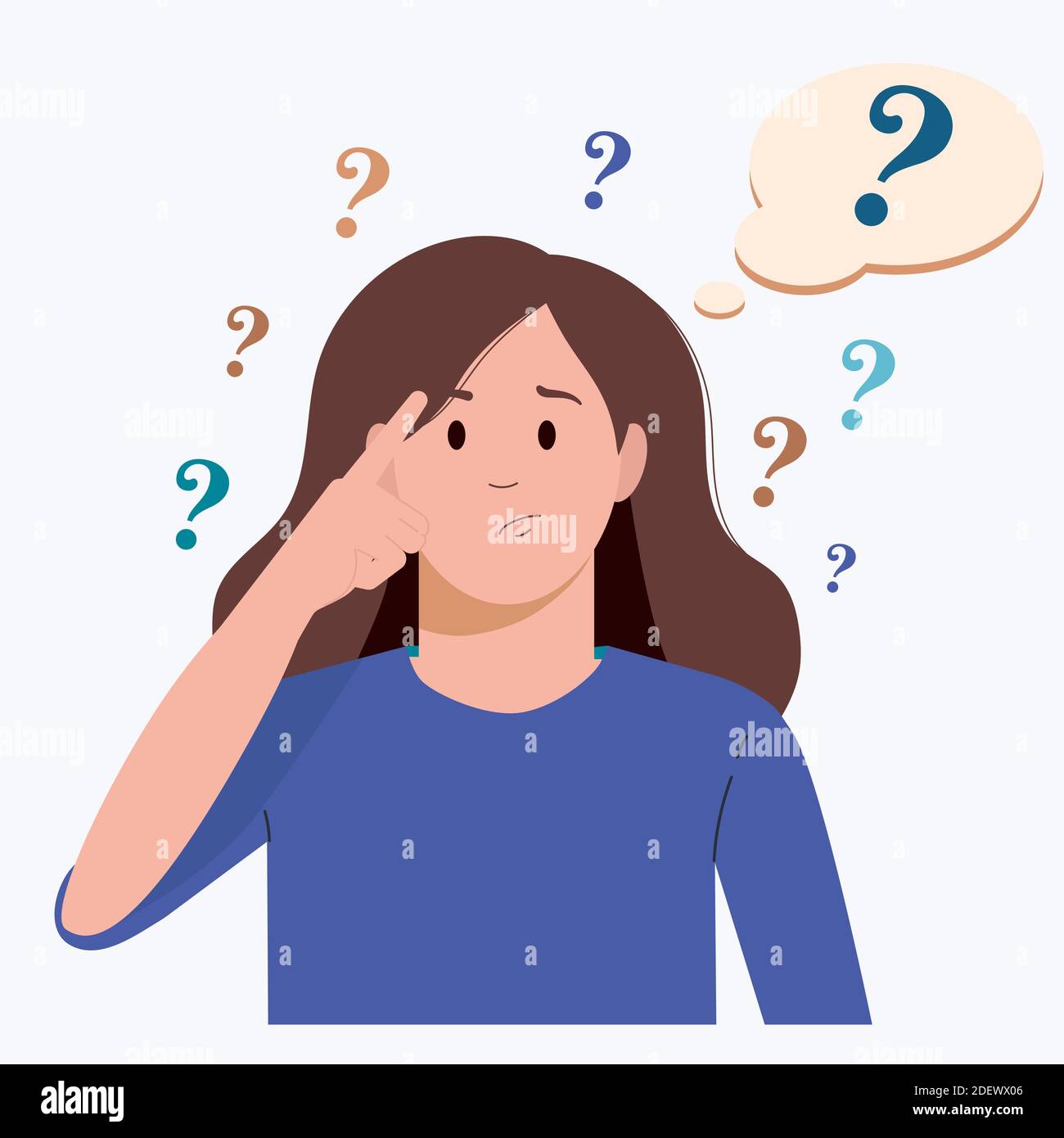 Portrait of young troubled woman. Girl with question mark in think ...