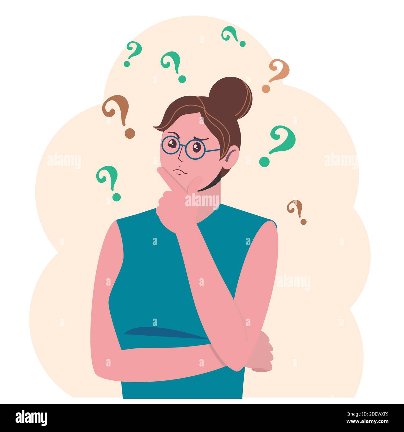 Portrait of young troubled woman. Girl with question mark in think ...