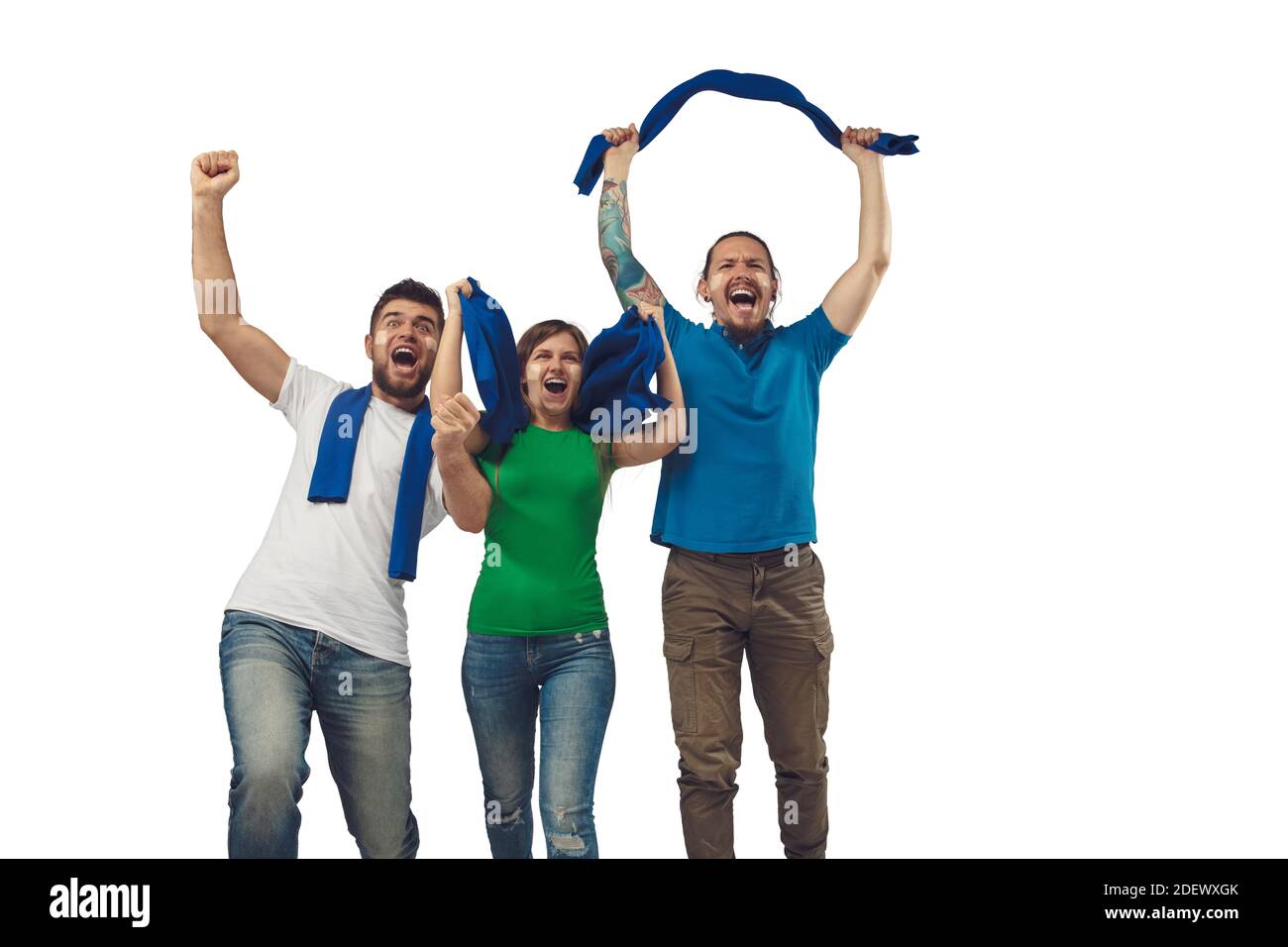 Victory. Three soccer fans woman and men cheering for favourite sport ...