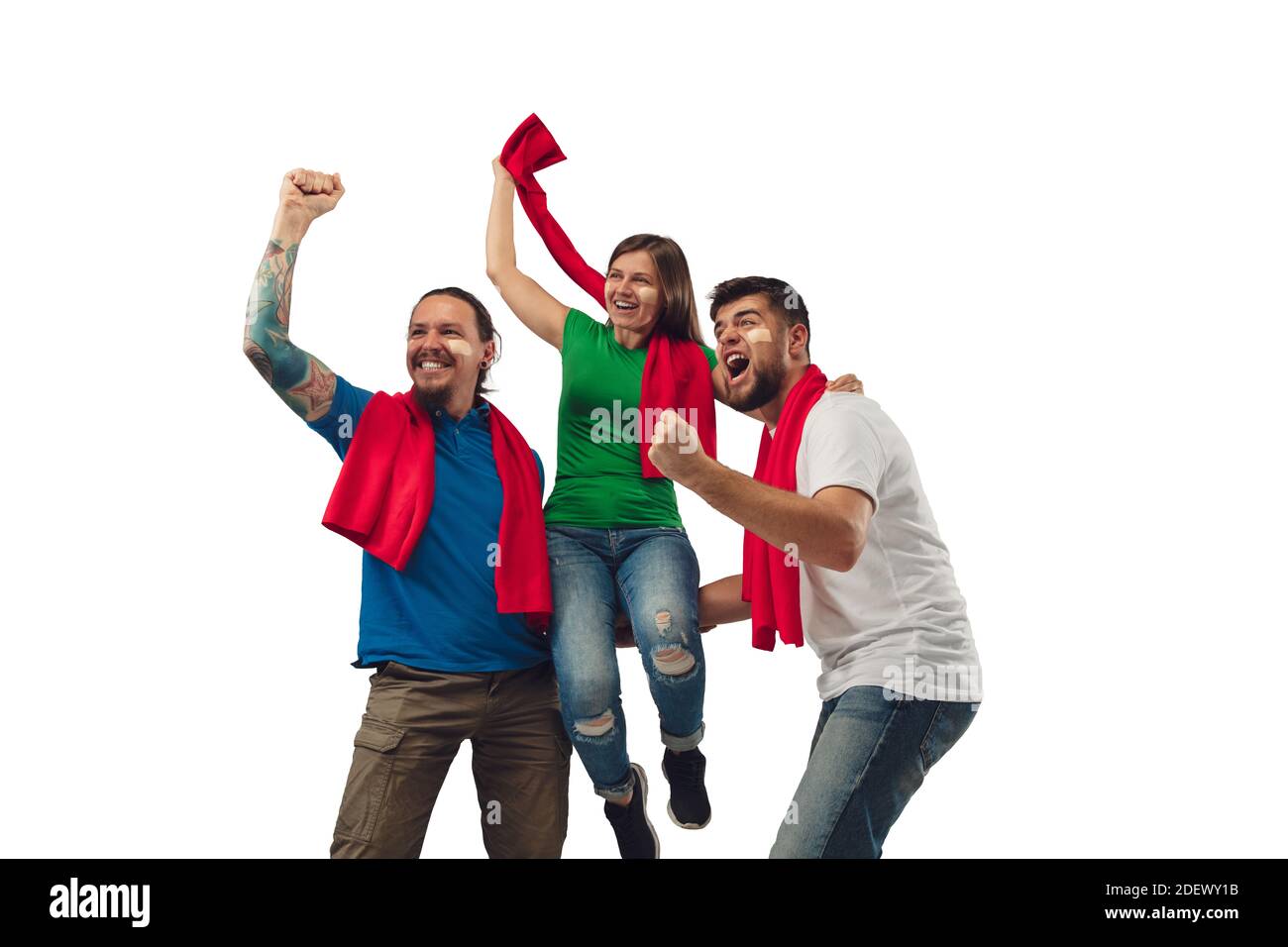 Excellent goal. Three soccer fans woman and men cheering for favourite ...