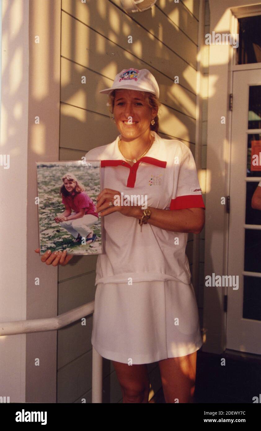American tennis player Tracy Austin showing a photo at age 16, 1995 ...