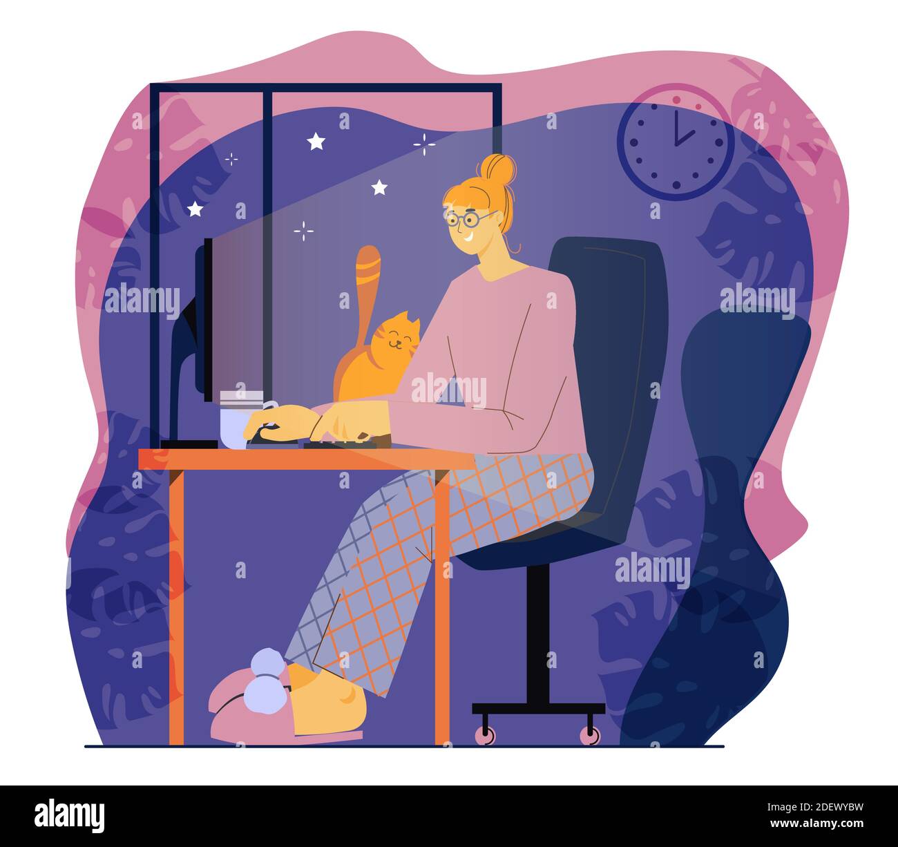 Freelancer working at night concept. A woman works until night at her ...
