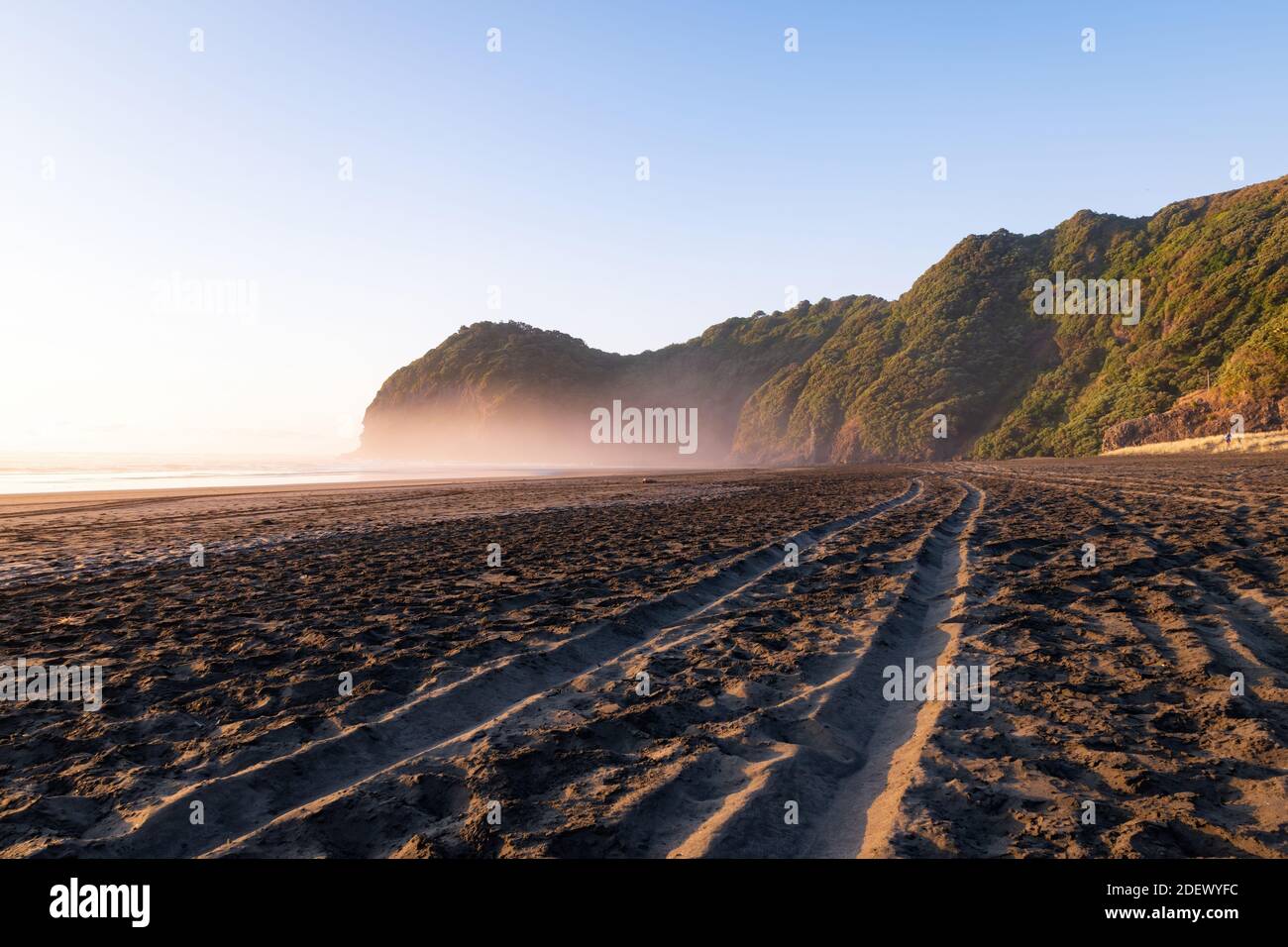 Wide angle view of tire tracks at North Piha beach sand in evening ...
