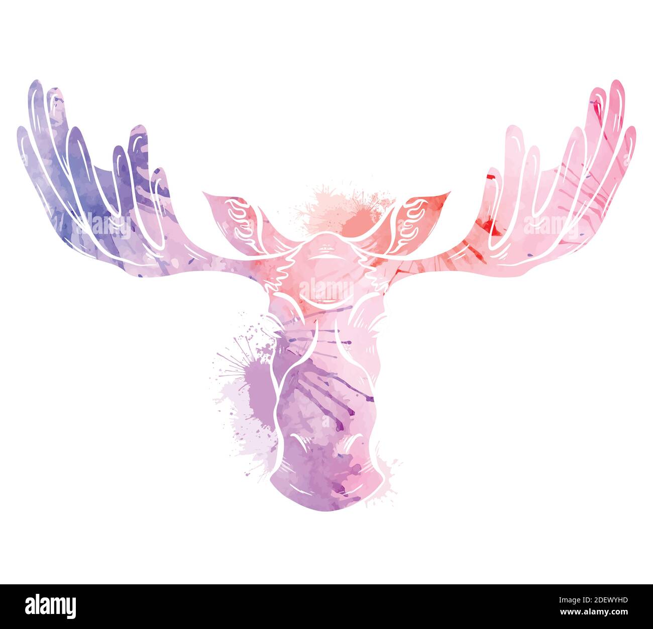 Silhouette of a moose head with antlers front view with watercolor ...