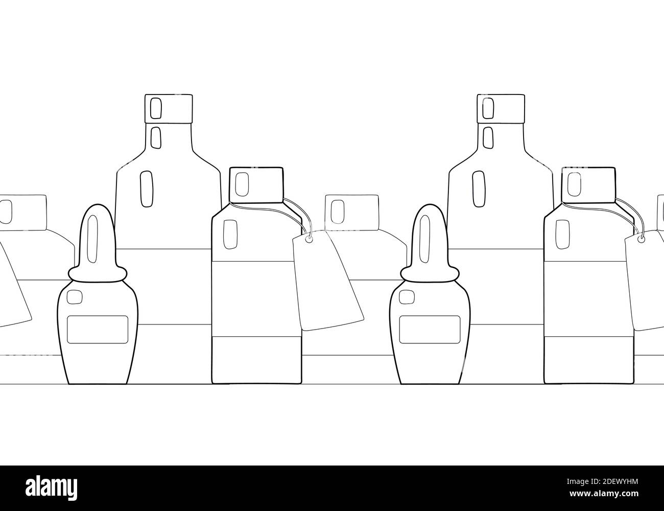 Seamless black and white colored border with bottles and flasks ...