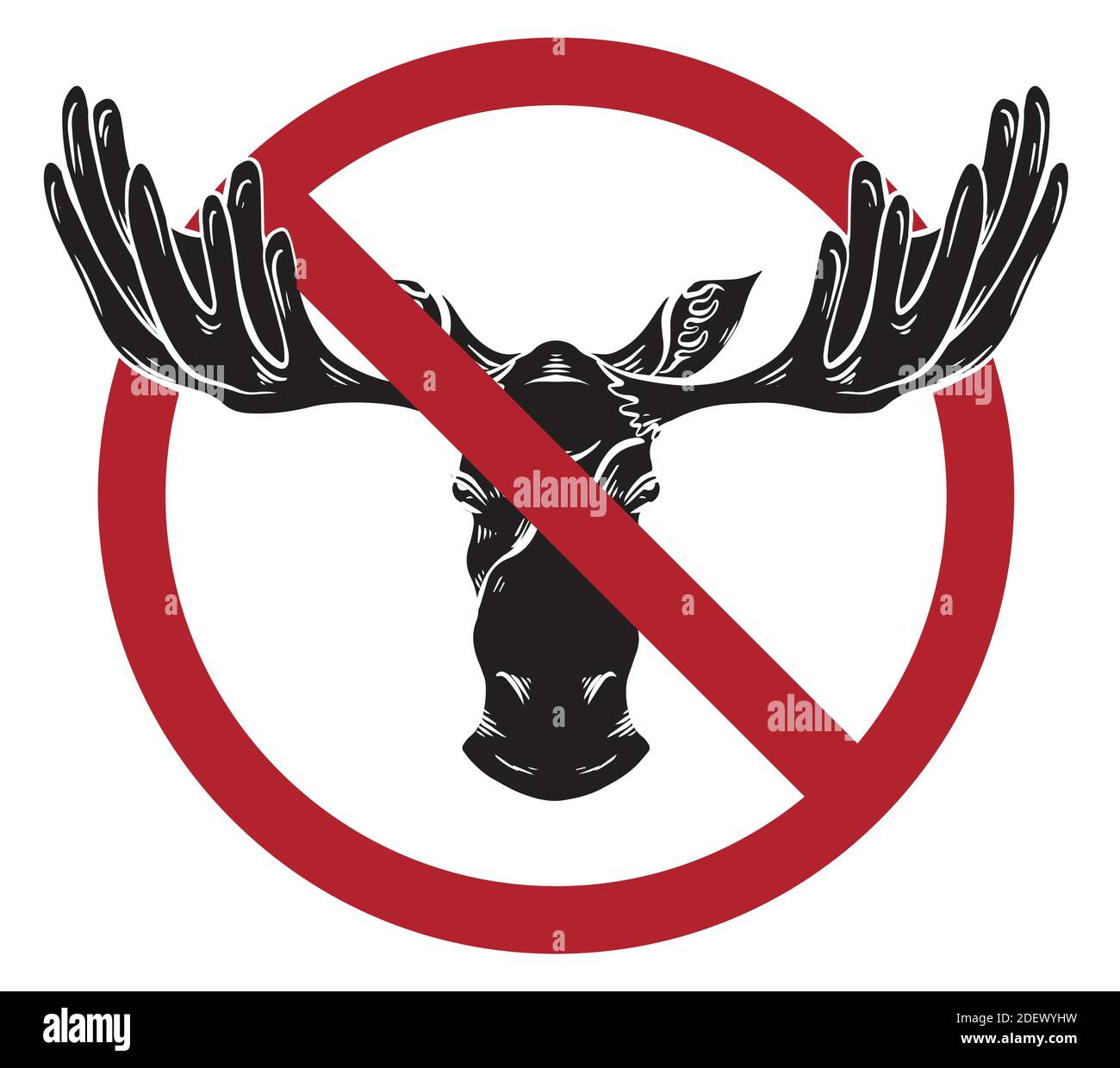 Hunting ban. Black silhouette of a moose head with antlers in a red ...