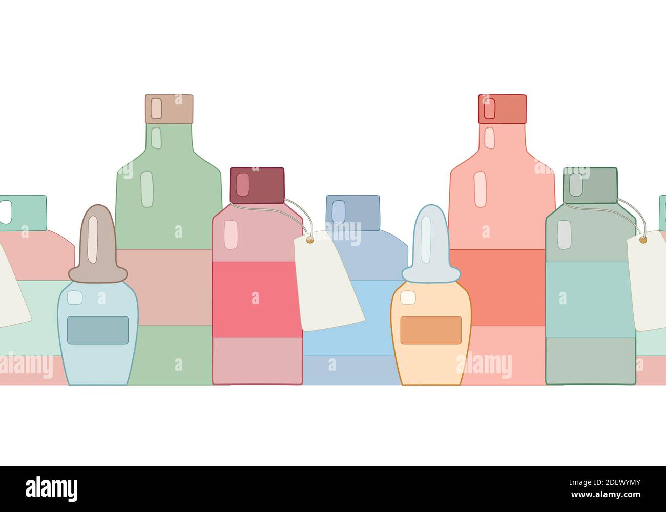 Seamless contour colored border with bottles and flasks. Medicine and ...