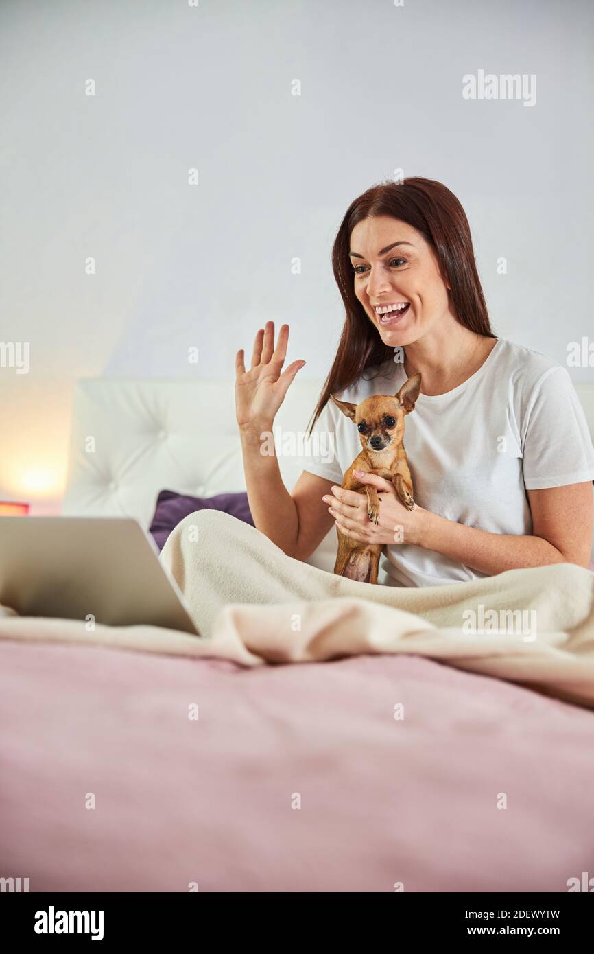 Pleased female waving a hand to a laptop camera Stock Photo - Alamy