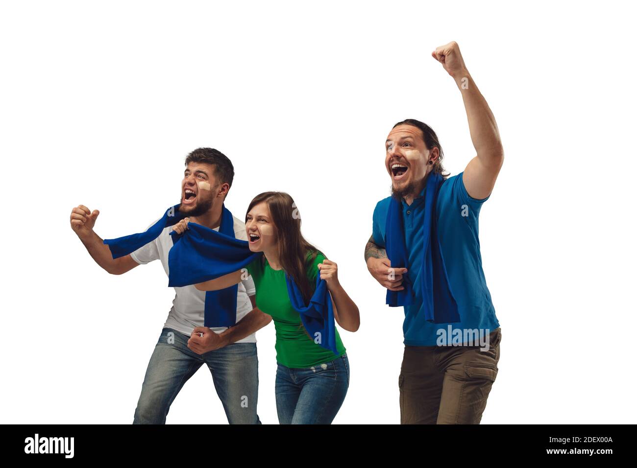 Teamwork and win. Female and male soccer fans cheering for favourite ...