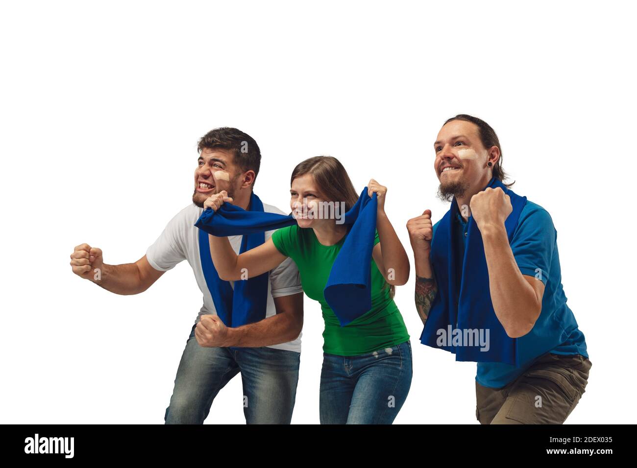 Teamwork and win. Female and male soccer fans cheering for favourite ...