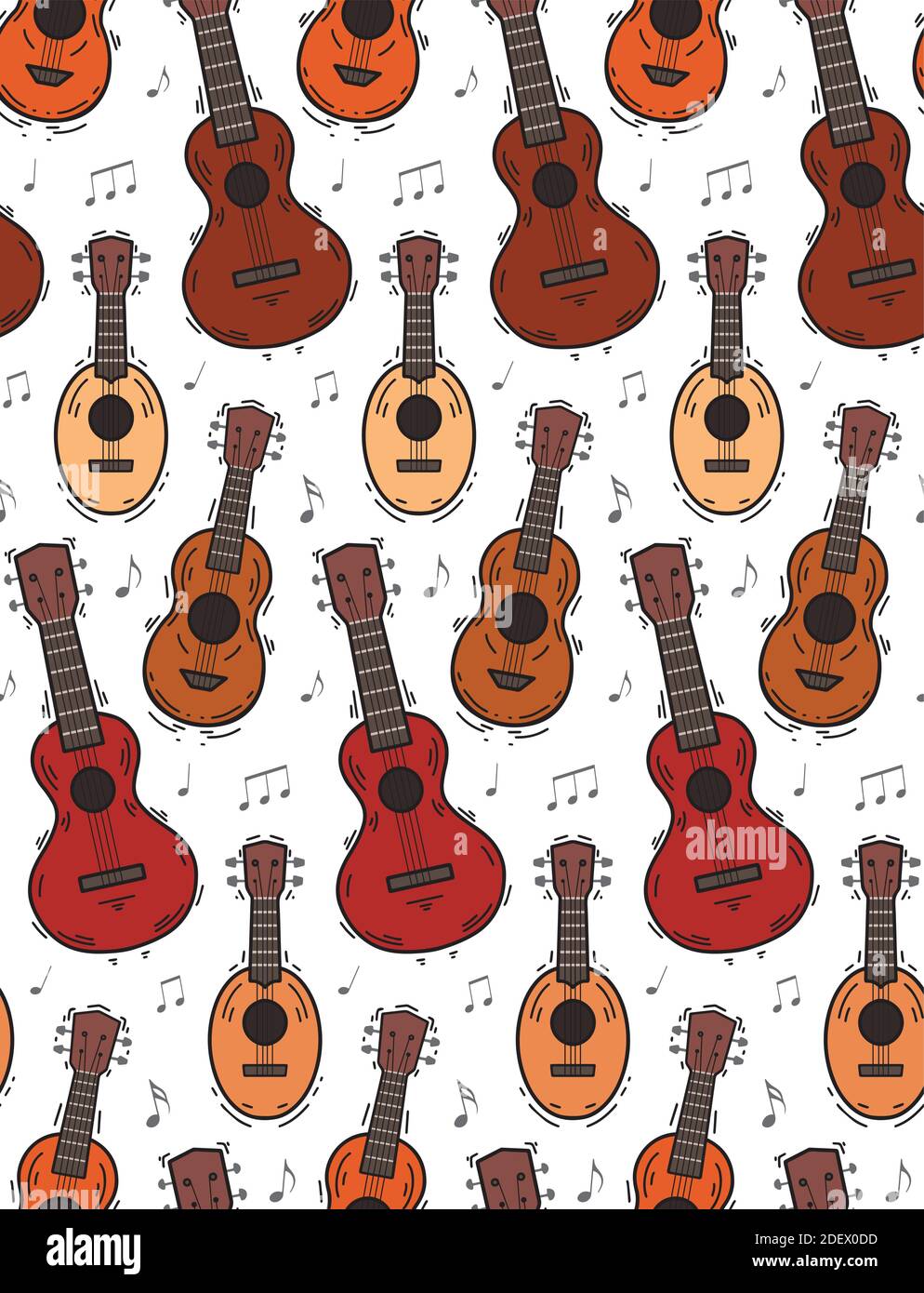 Seamless pattern with contour ukuleles with musical notes on white ...