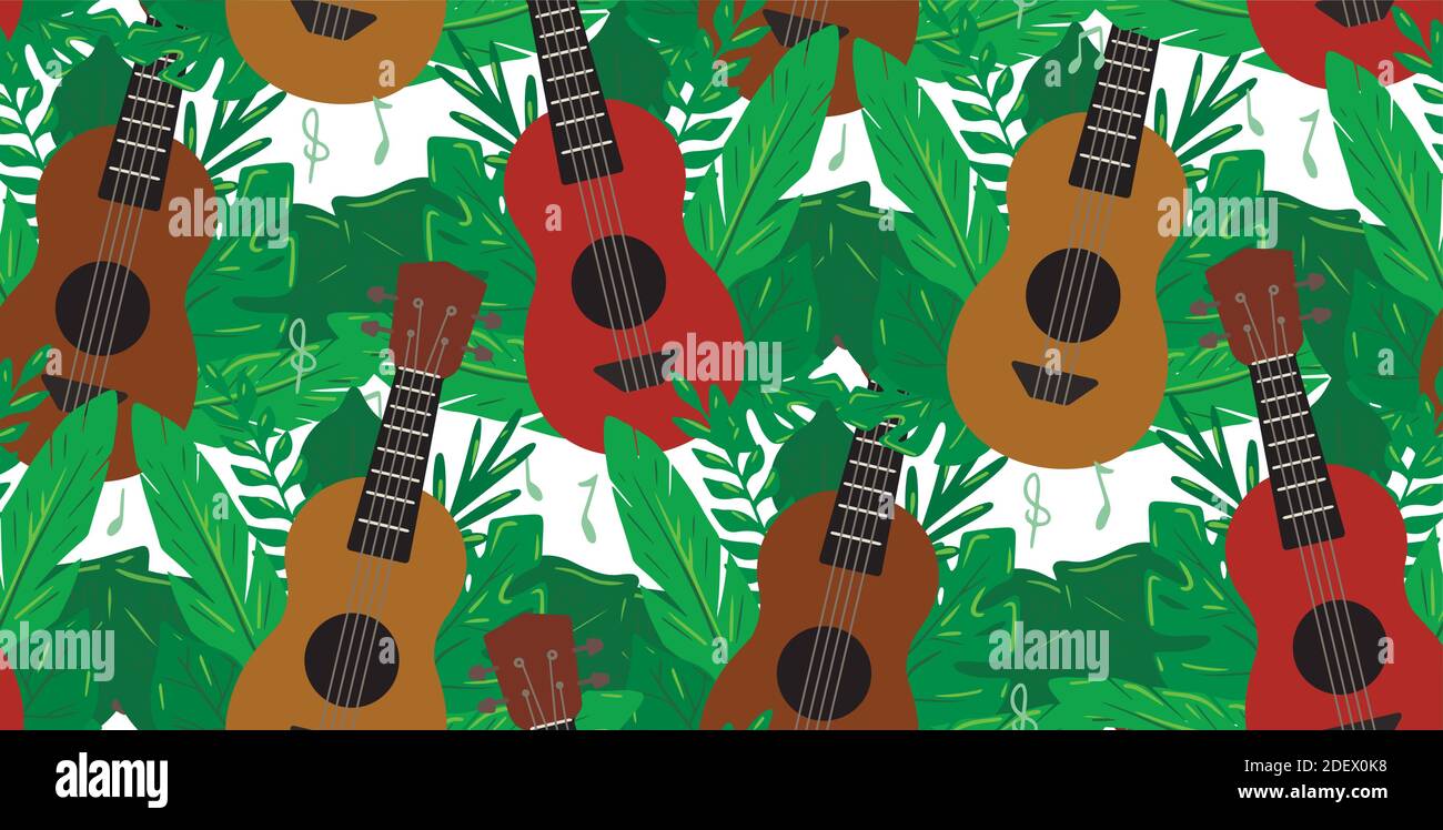 Seamless pattern with flat ukuleles with musical notes and tropical ...
