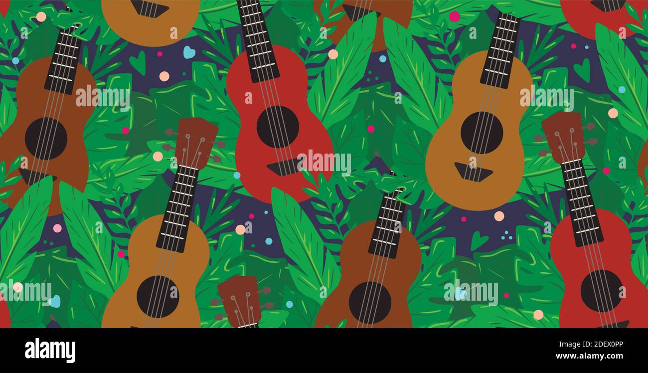 Seamless pattern with flat ukuleles with musical notes and tropical ...