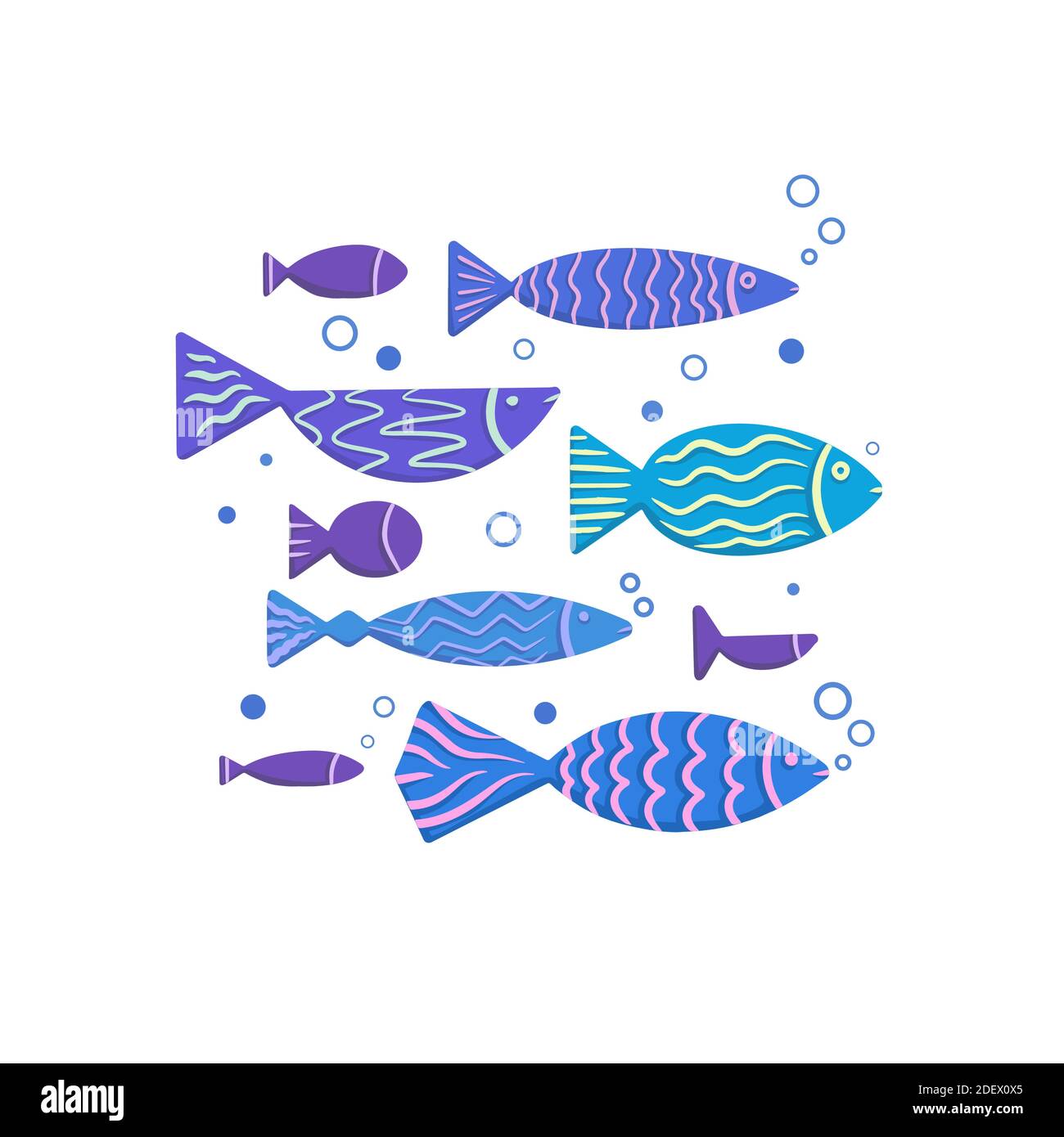 Set of different blue doodle fish with boho pattern and bubbles. School ...