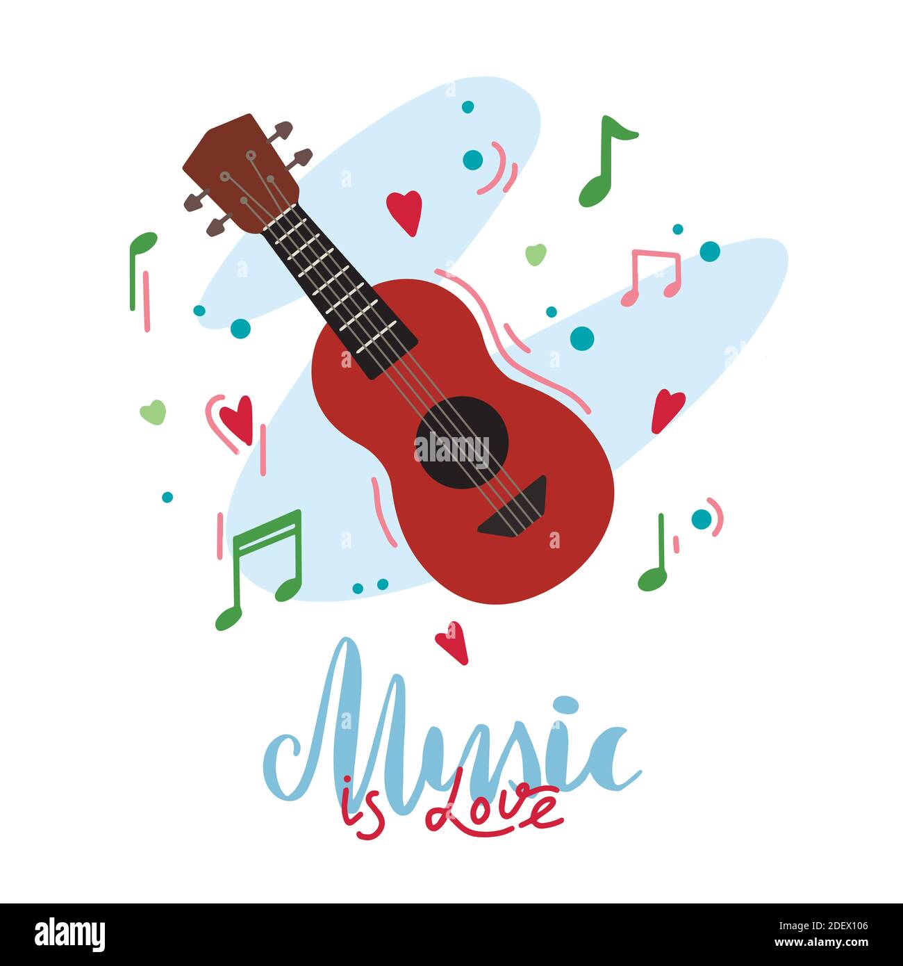 Music is love. Original lettering with ukulele, hearts and musical ...