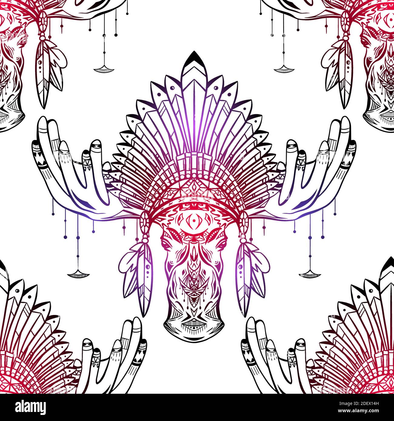 Seamless pattern with contour illustration of a moose head with antlers ...