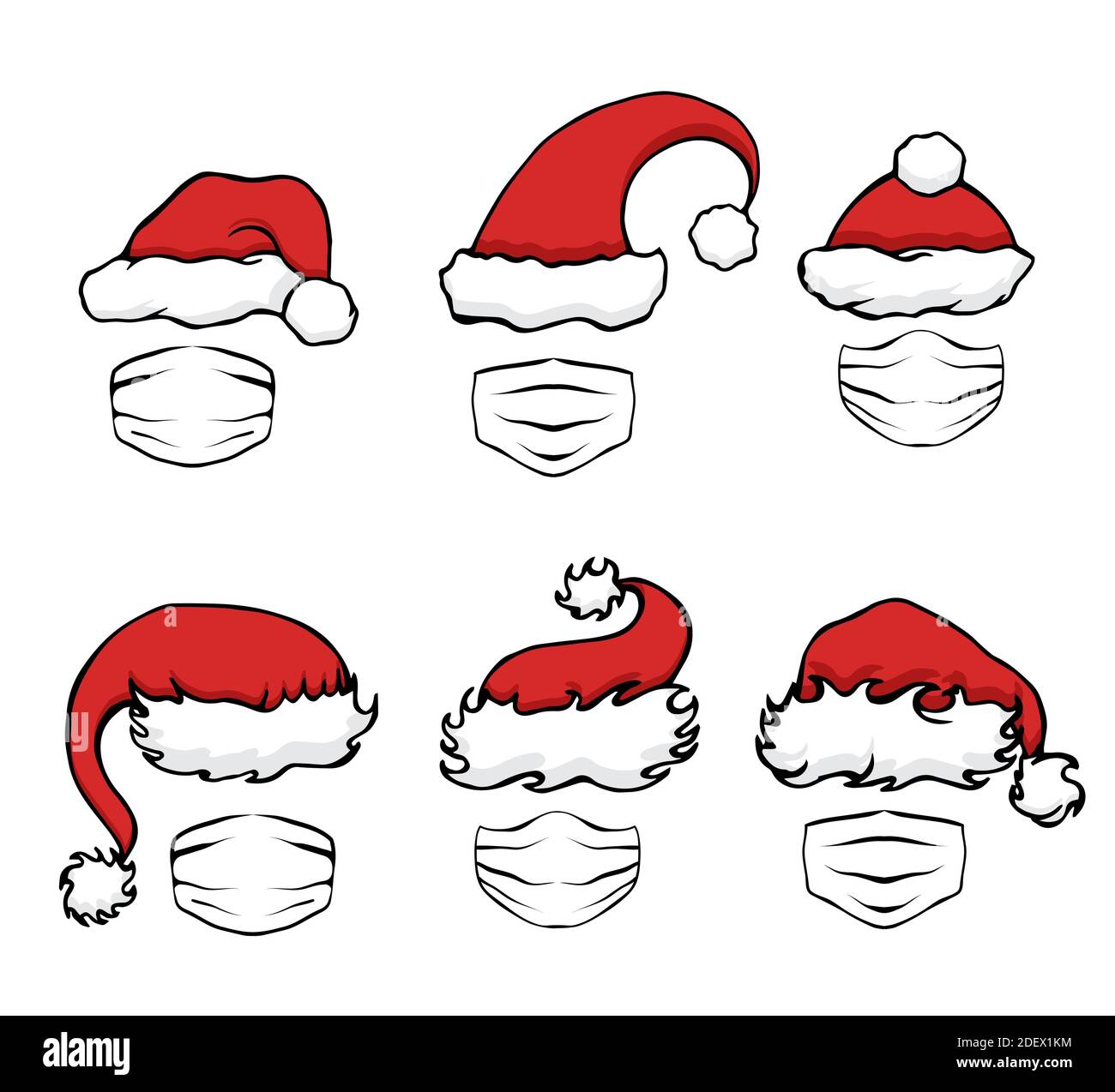 Cartoon Santa Claus hats with protective face masks. Christmas is in ...