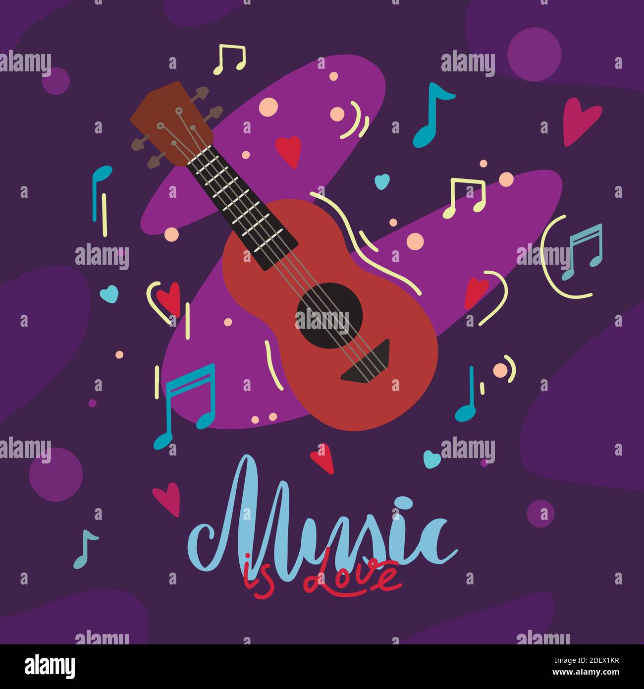 Music is love. Original lettering with ukulele, heart and musical notes ...