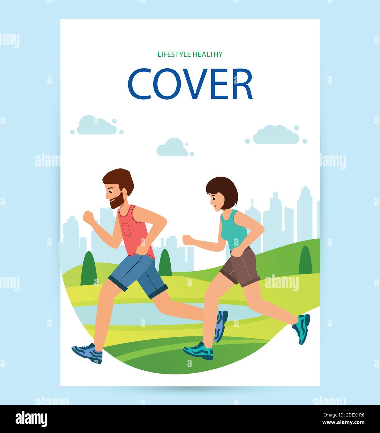 Cover of the book. Active people running distance in park, cartoon ...