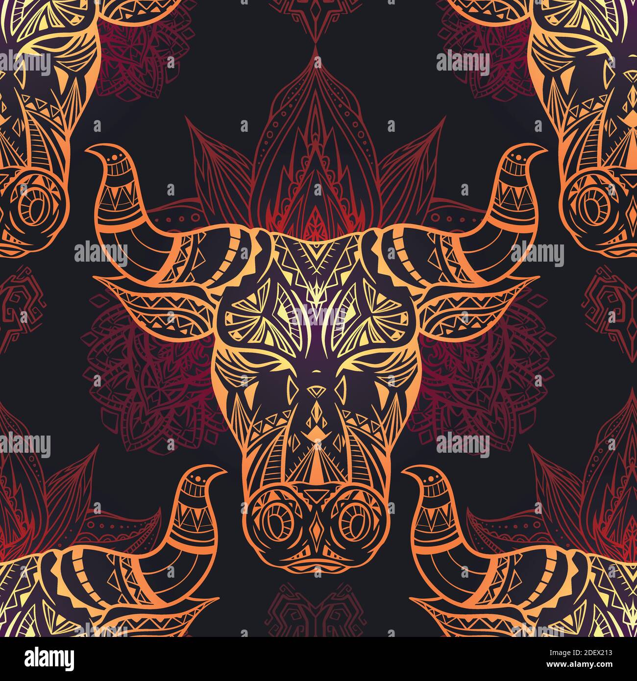 Seamless pattern with gold ethnic bull head with mehendi decoration and ...