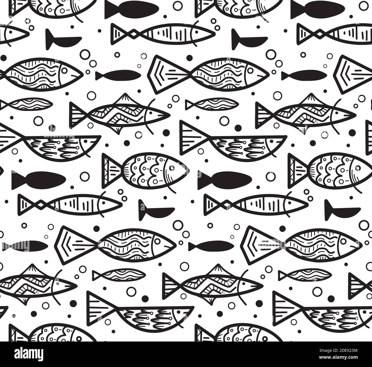 Seamless boho contour pattern with doodle fishes and bubbles floating ...
