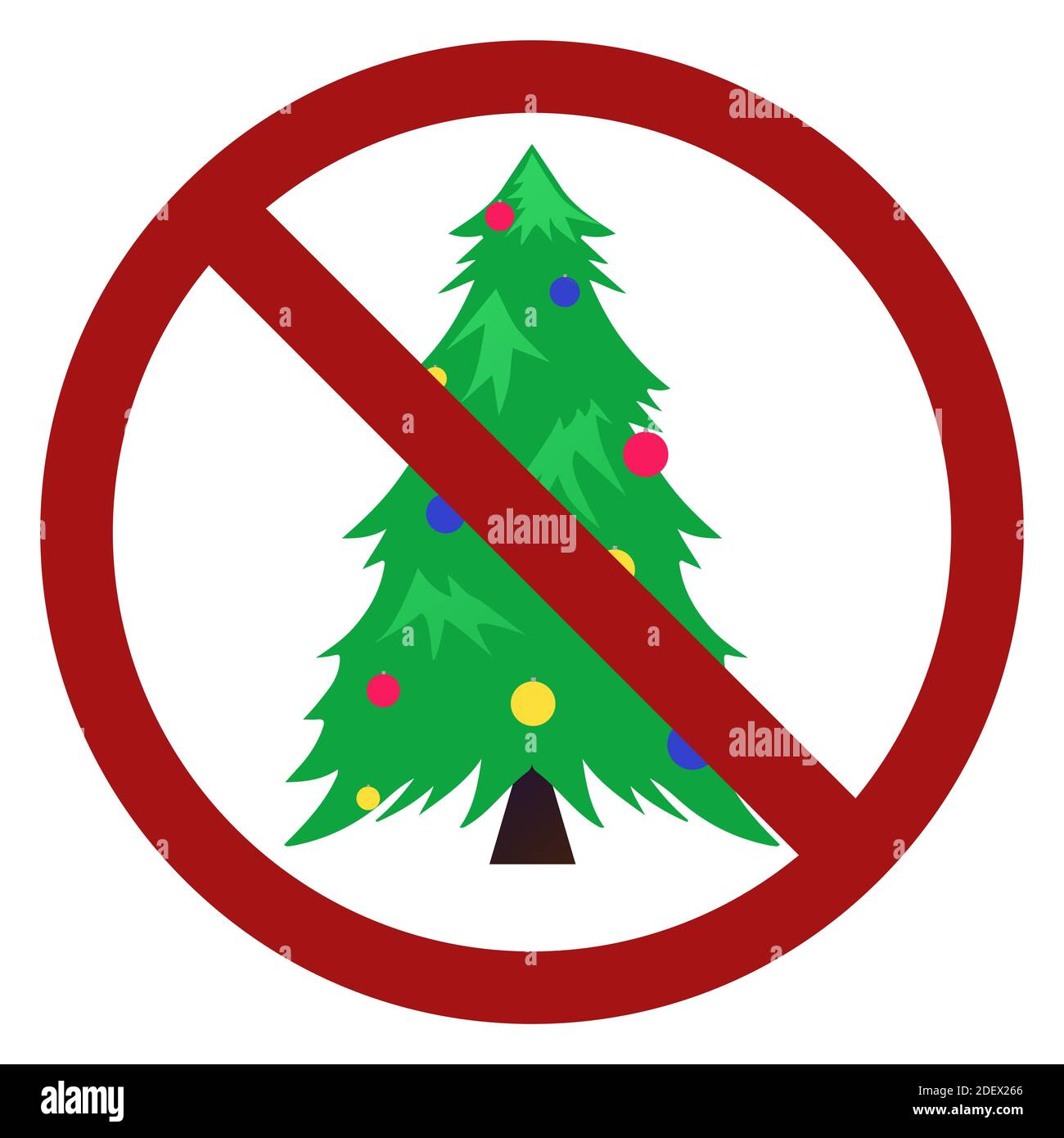 Festive flat fir with balls in prohibition sign. Forbid on celebrations ...